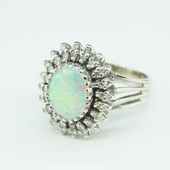 Jewelry | 14k White Gold Large Opal And Diamonds Ring | Poshmark